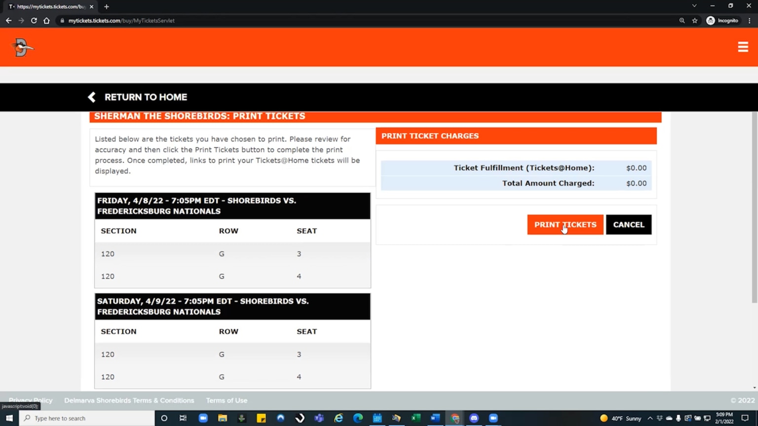 Print Your Shorebirds Tickets | 02/02/2022 | Shorebirds