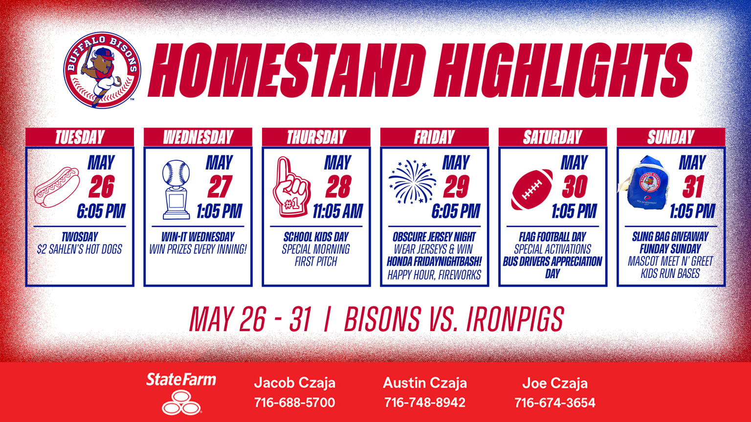 Buffalo Bisons host Lehigh Valley IronPigs, May 26-31