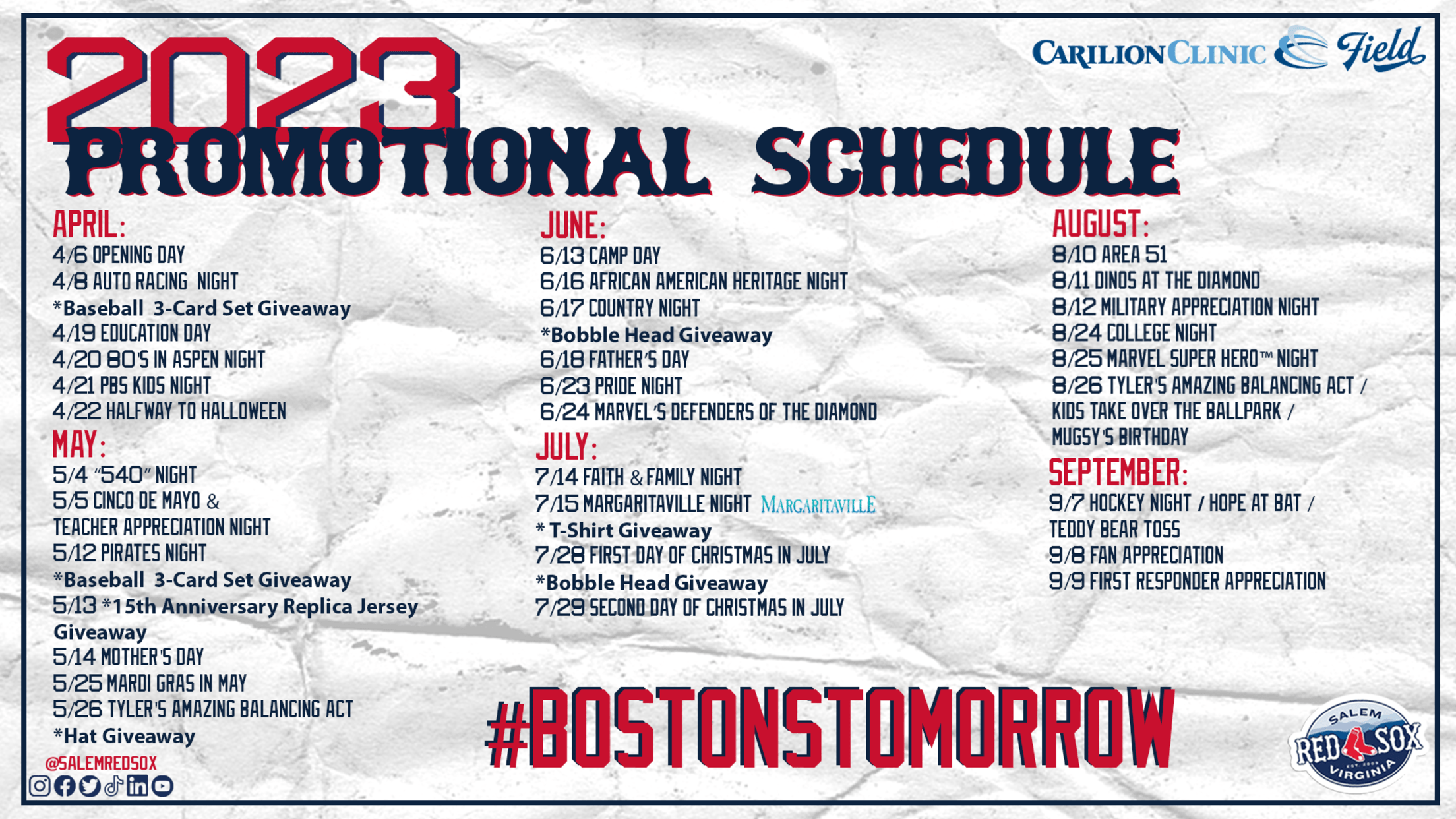 Salem Red Sox Releases 2023 Promotional Schedule and Ticket Options | MiLB.com