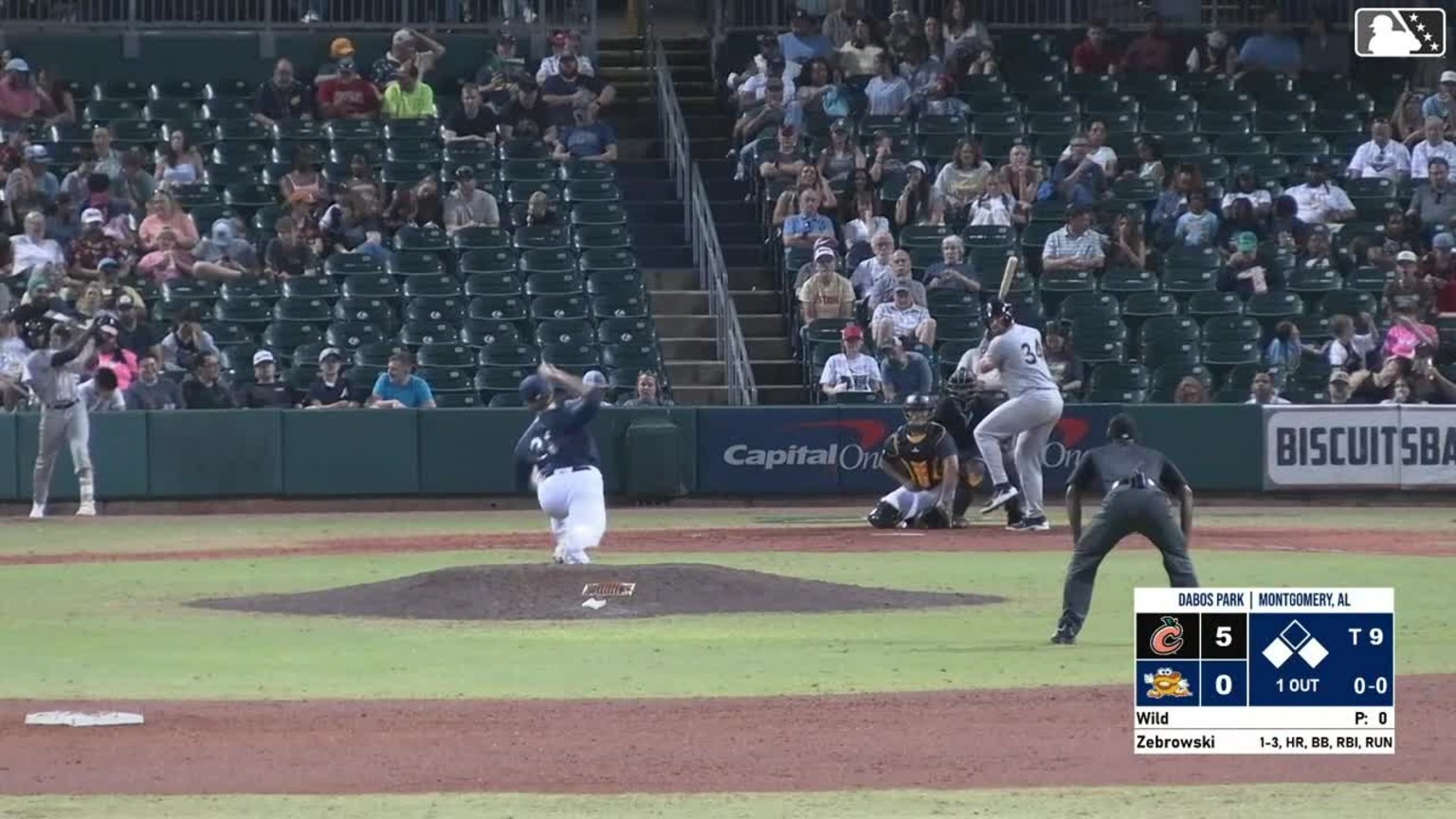 Adam Zebrowski out on a sacrifice fly to right fielder Austin Overn ...