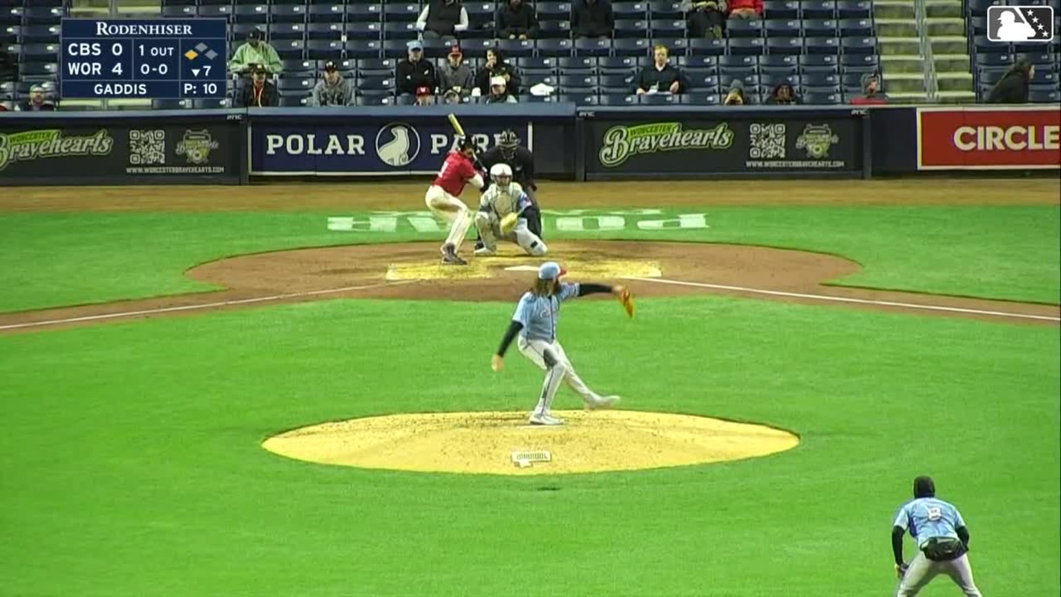 Mickey Gasper singles on a sharp fly ball to right fielder Nolan Jones ...