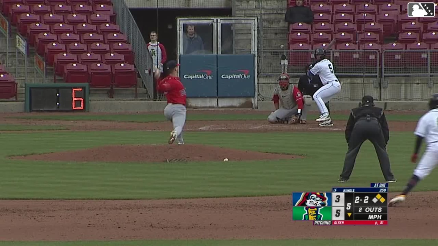 Caden Kendle doubles (2) on a line drive to left fielder José Suárez ...