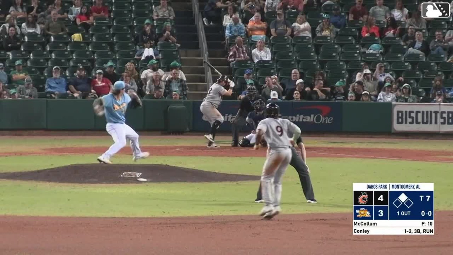 Cal Conley triples (2) on a sharp line drive to right fielder Brock ...