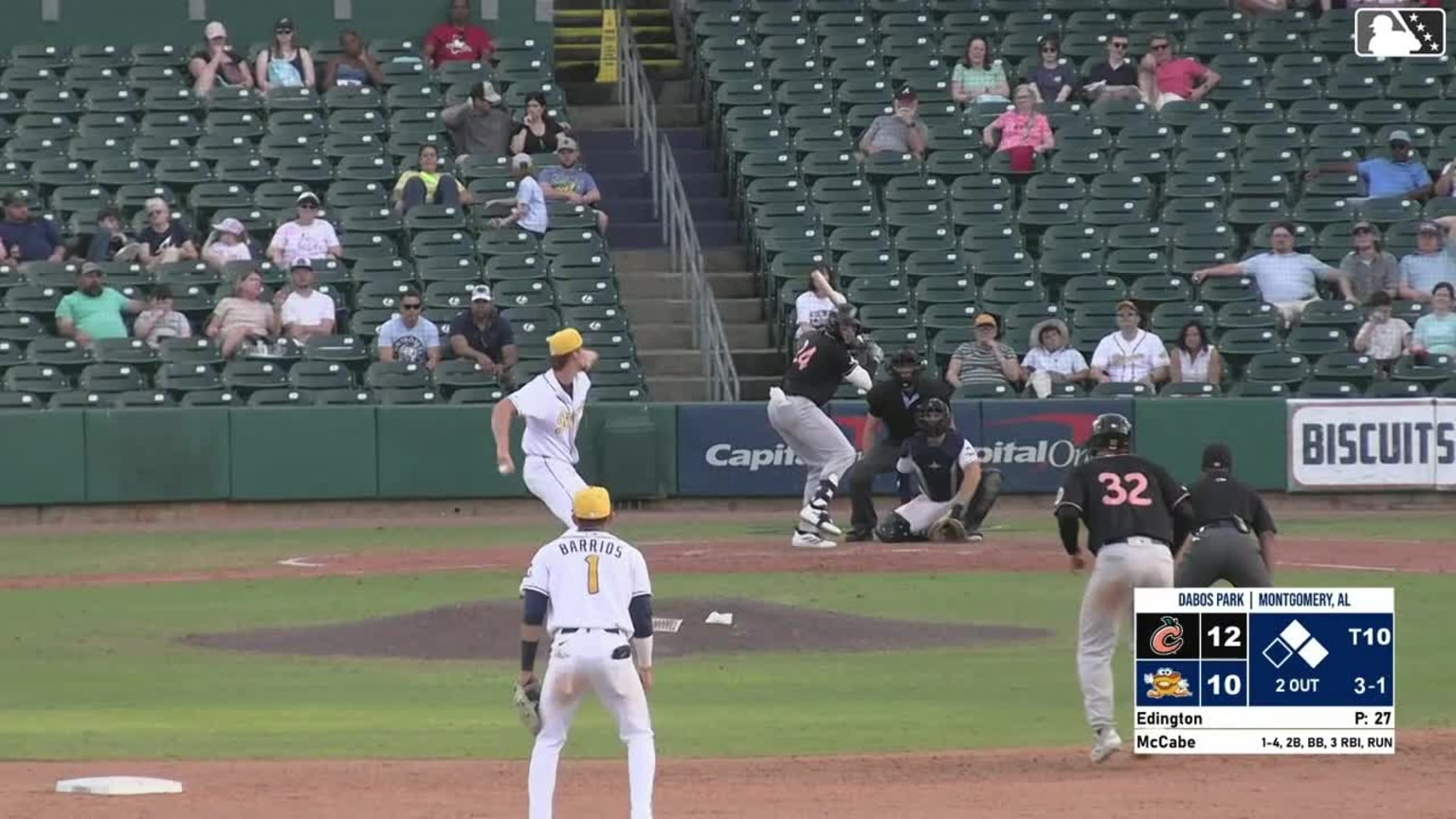 David McCabe singles on a ground ball to center fielder Mac Horvath ...