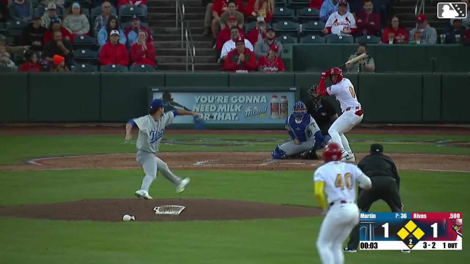 Jeremy Rivas singles on a line drive to right fielder Zyhir Hope ...