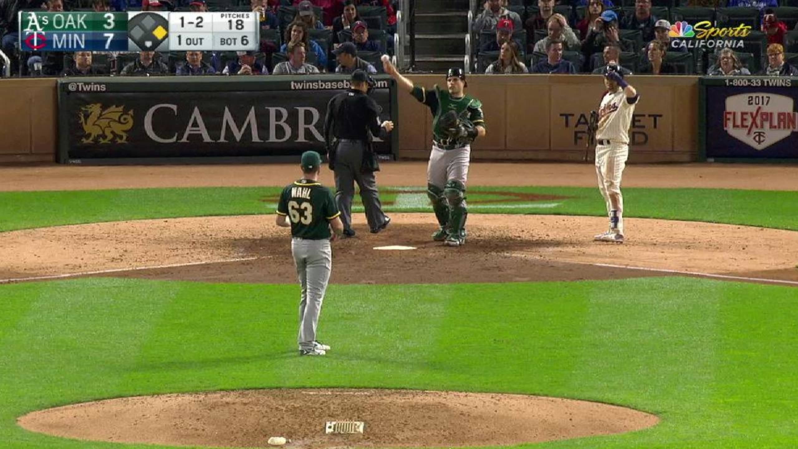 Foul tip hits Phegley's mask