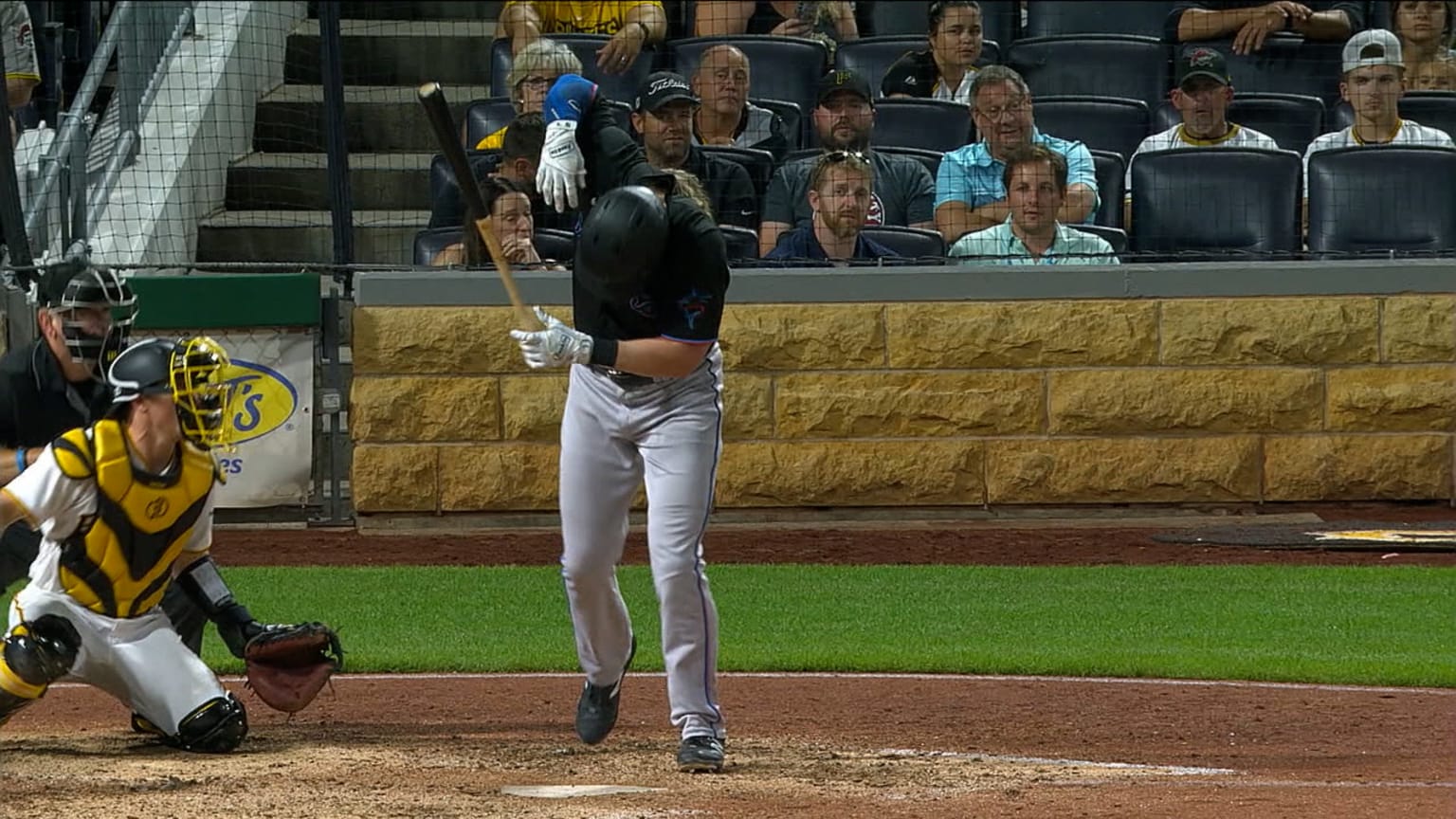 Garrett Cooper takes ball to the wrist in the 8th | 07/23/2022 | MLB.com