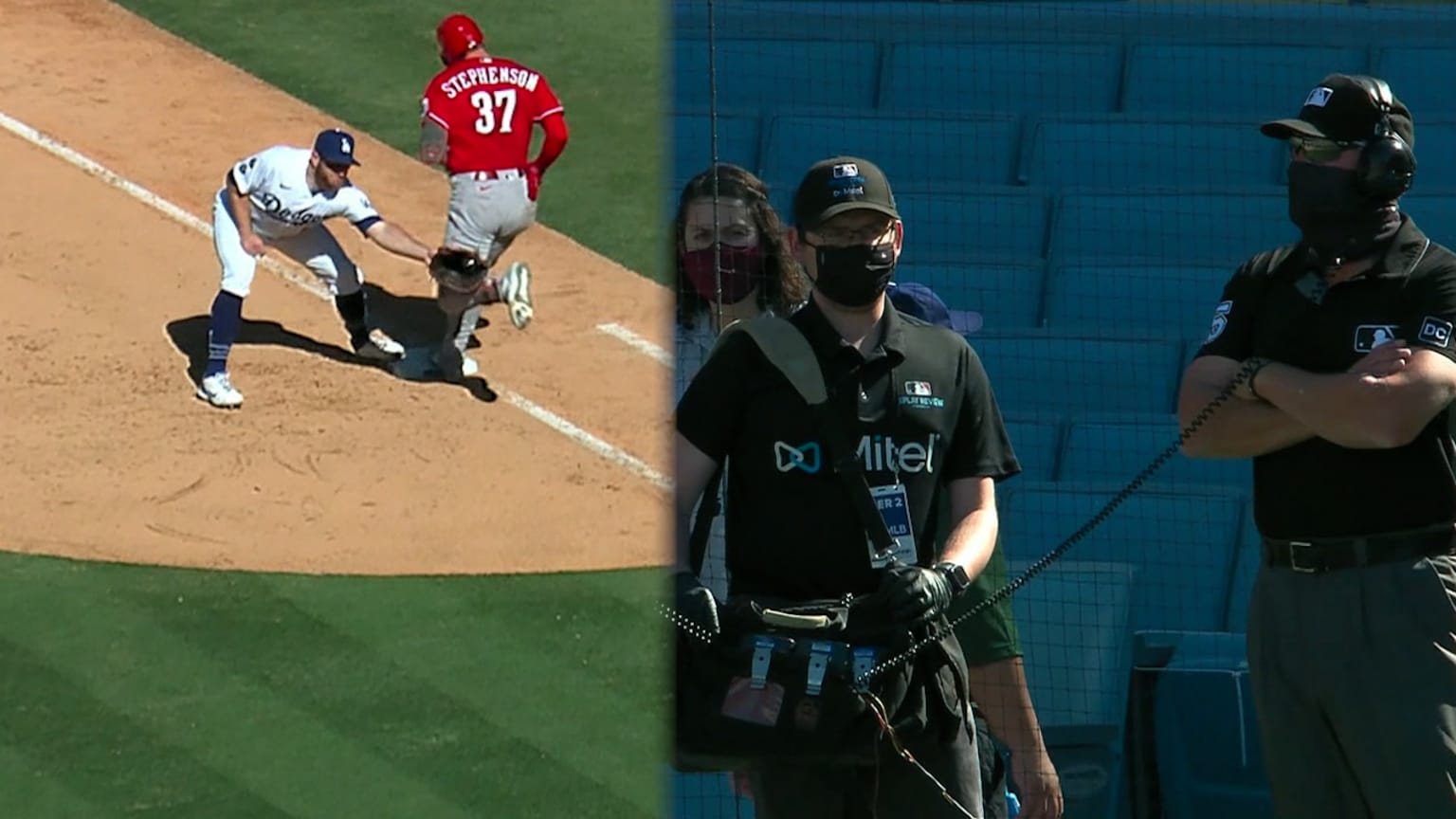 Tyler Stephenson ruled safe at first after challenge | 04/28/2021 | Los ...