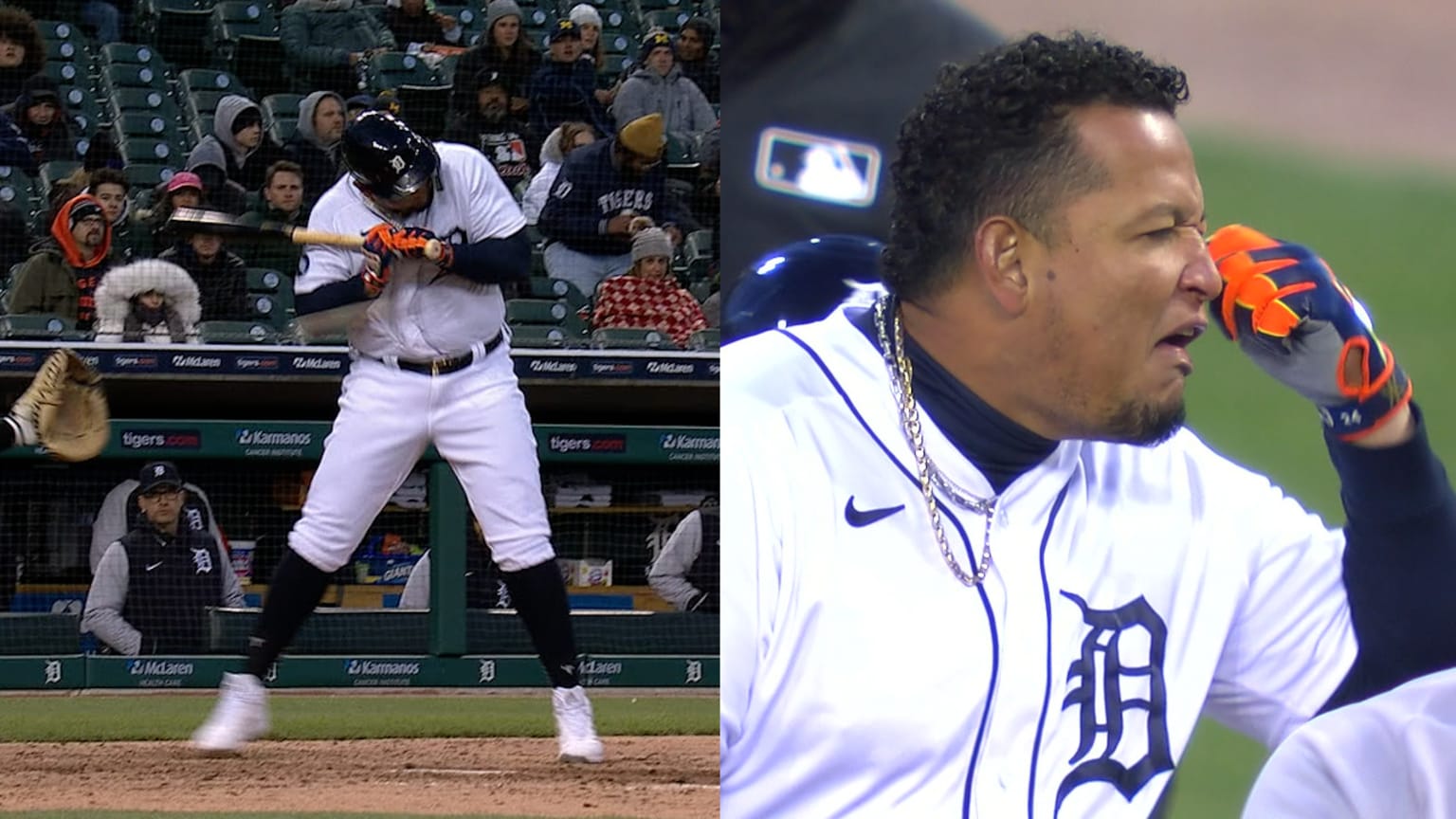 Miguel Cabrera gets plunked, fake cries at first base | 04/19/2022 ...