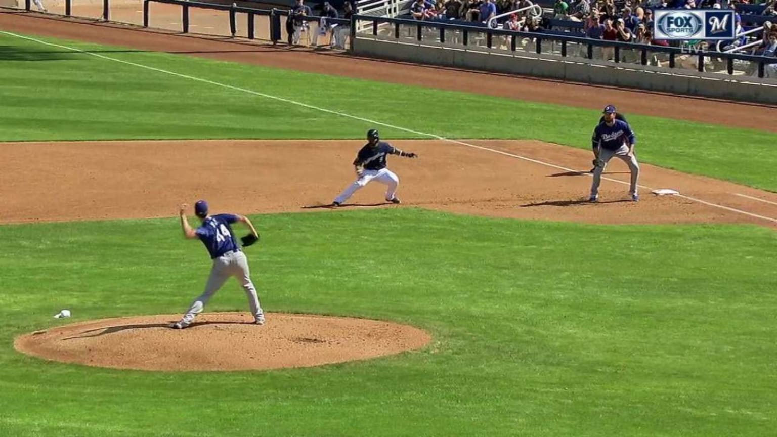 LAD@MIL: Hill picks off Villar in the 1st inning | 02/26/2017 | MLB.com