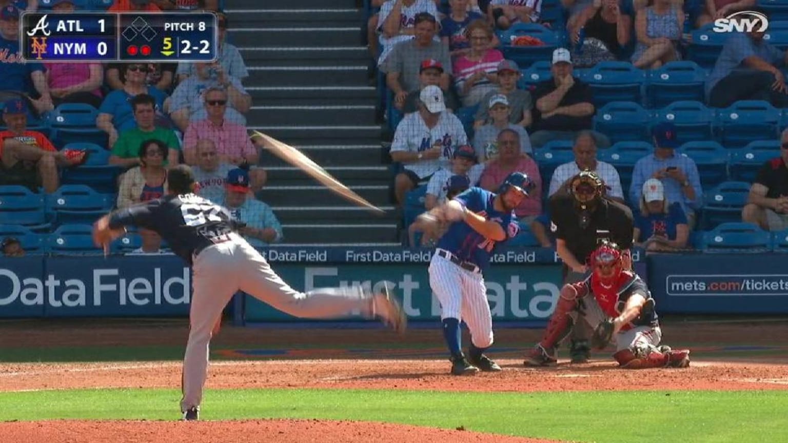 ATL@NYM: Gomez K's Kaczmarski, bat goes flying | 02/23/2018 | MLB.com