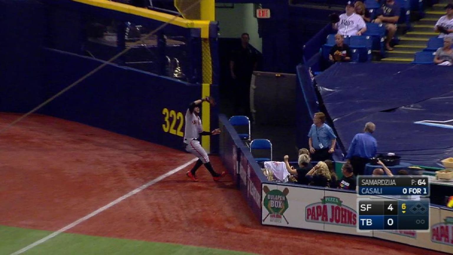 Curt Casali flies out to right fielder Gregor Blanco in foul territory ...