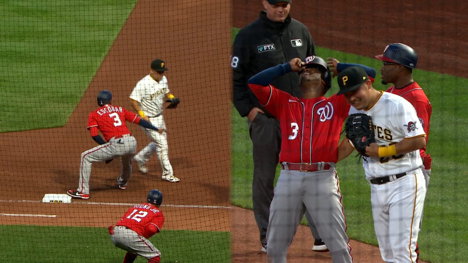 Escobar is hit by a pickoff throw | 04/14/2022 | Atlanta Braves