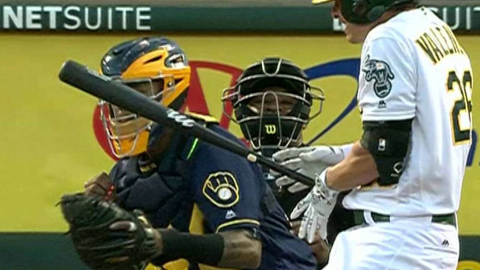 MIL@OAK: Valencia is hit by a pitch, stays in game | 06/21/2016 | Athletics