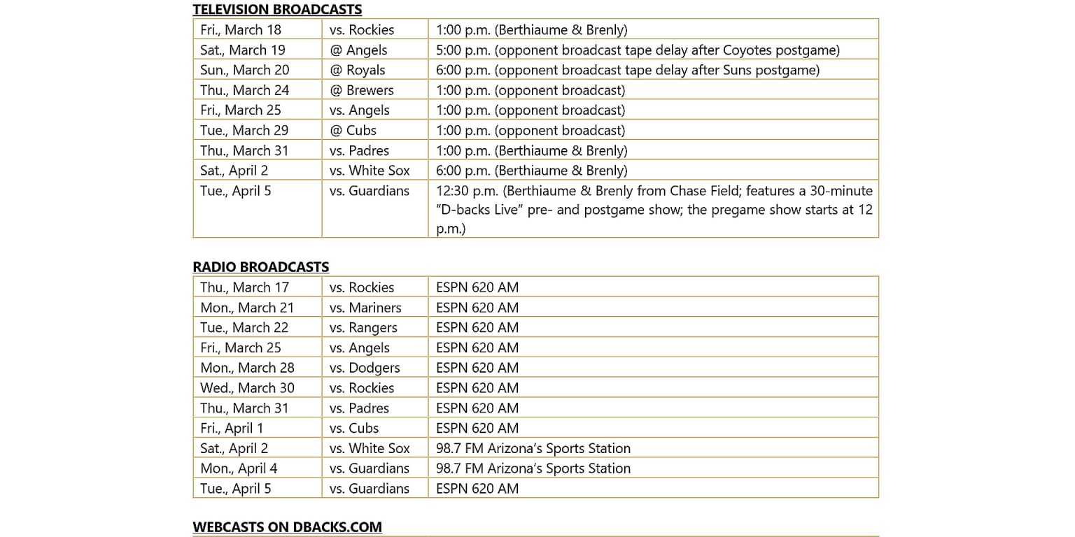 Press release: D-backs announce Spring Training broadcast schedule