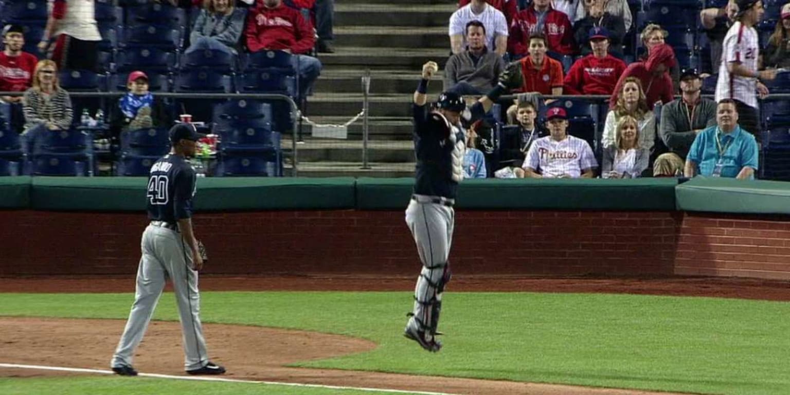 A.J. Pierzynski celebrated catching the last out of Friday's Braves ...