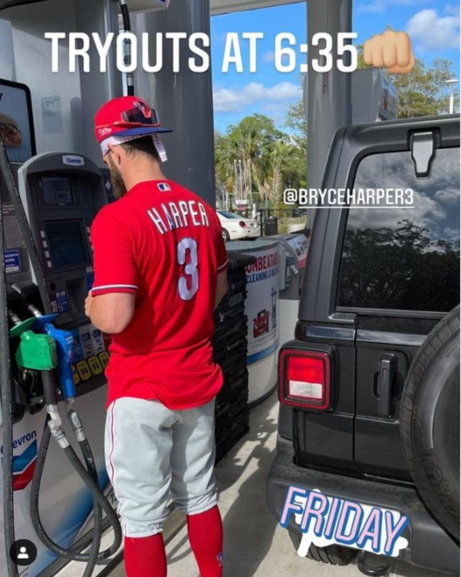 Bryce Harper pumps gas in full Phillies uniform
