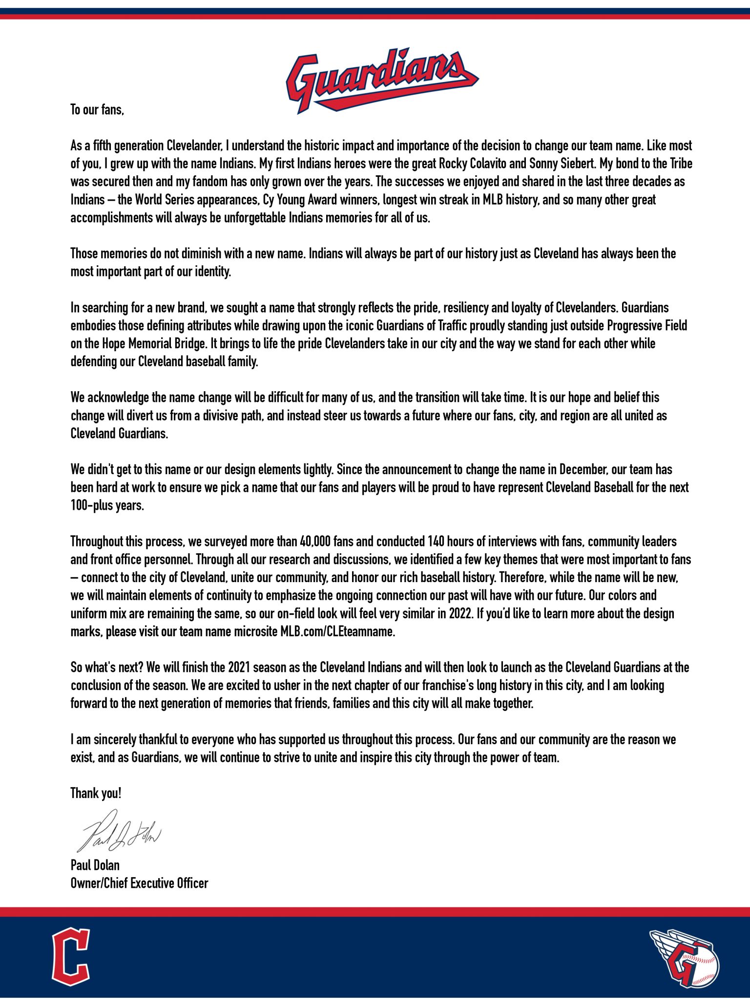 Cleveland Guardians - Letter From Paul Dolan | Cleveland Guardians