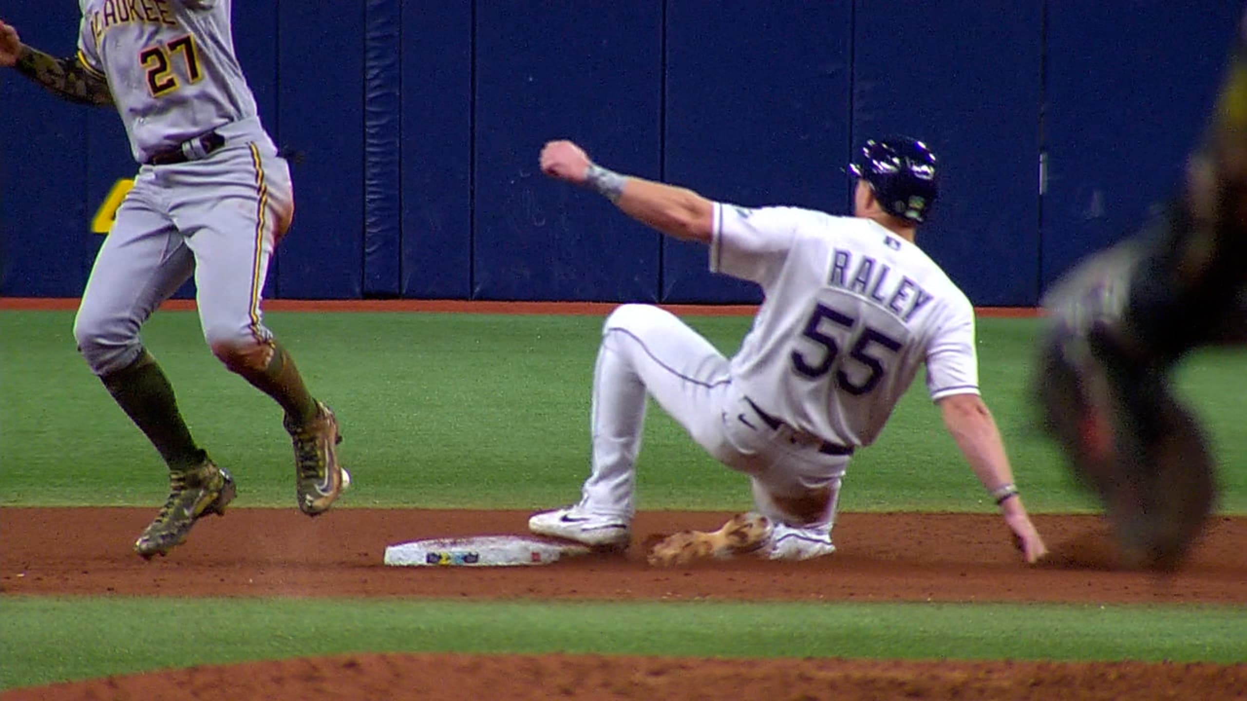 Luke Raley steals second base
