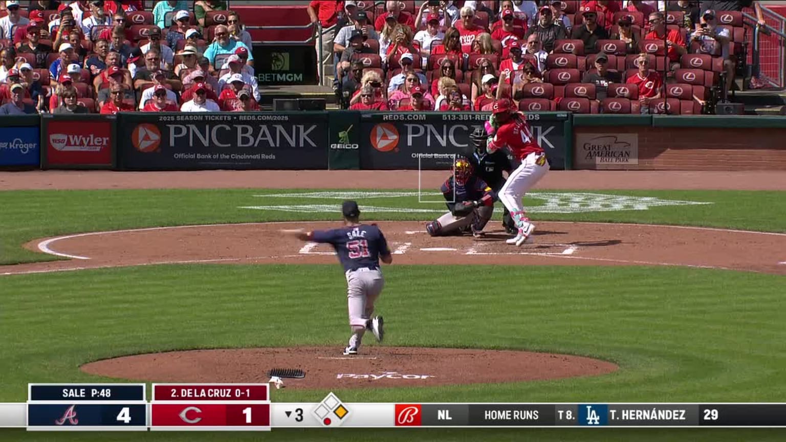 Elly De La Cruz singles on a line drive to right fielder Jorge Soler ...