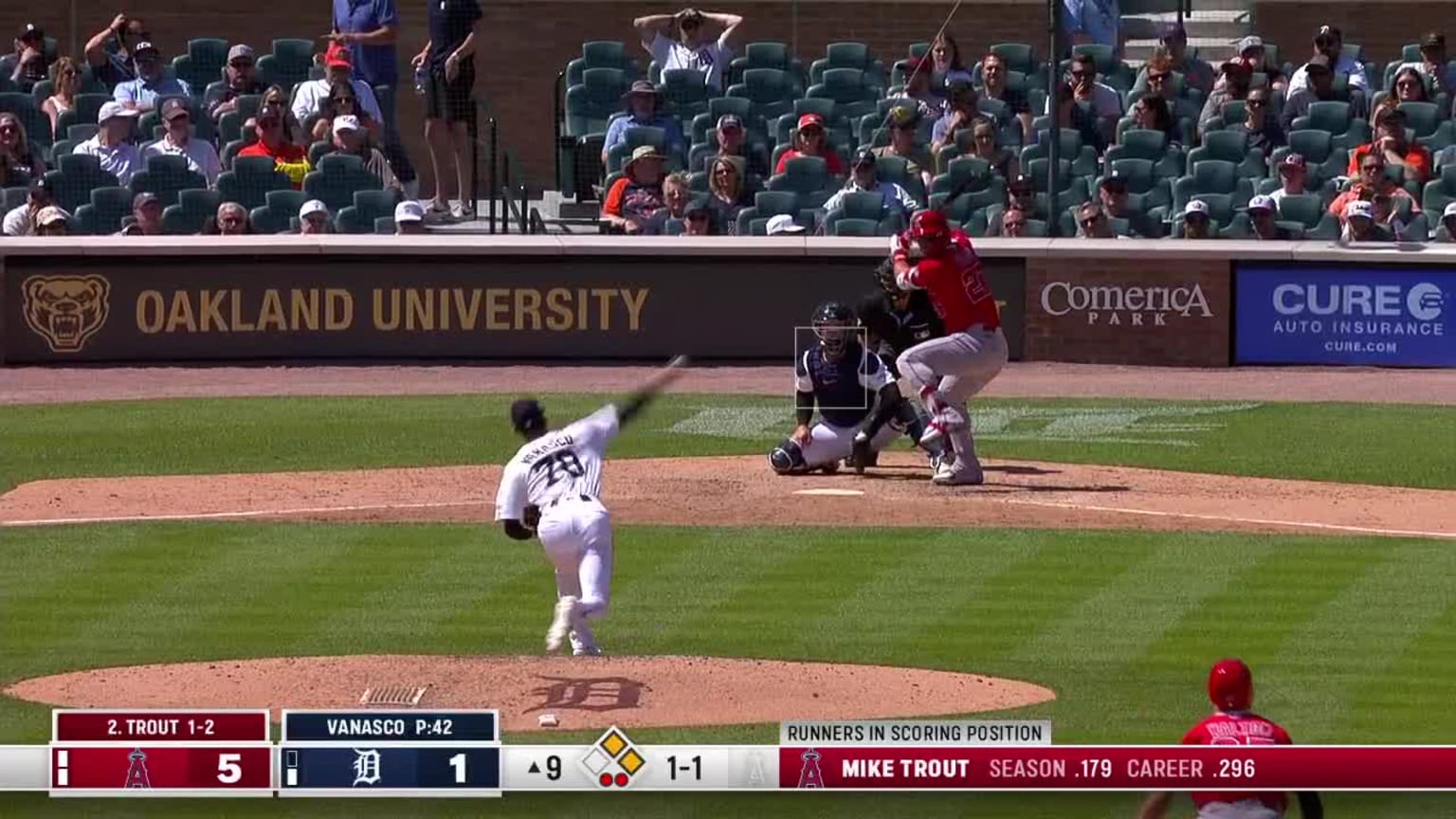 Mike Trout doubles (10) on a sharp fly ball to center fielder Matt ...