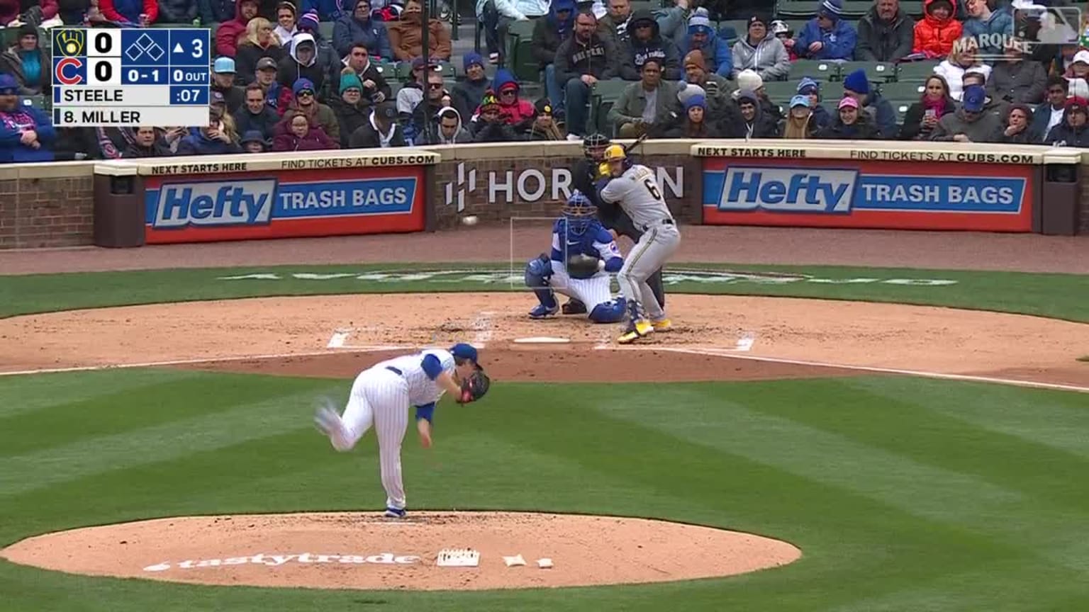 Steele tumbles covering first base to record the out | 04/01/2023 | Chicago Cubs