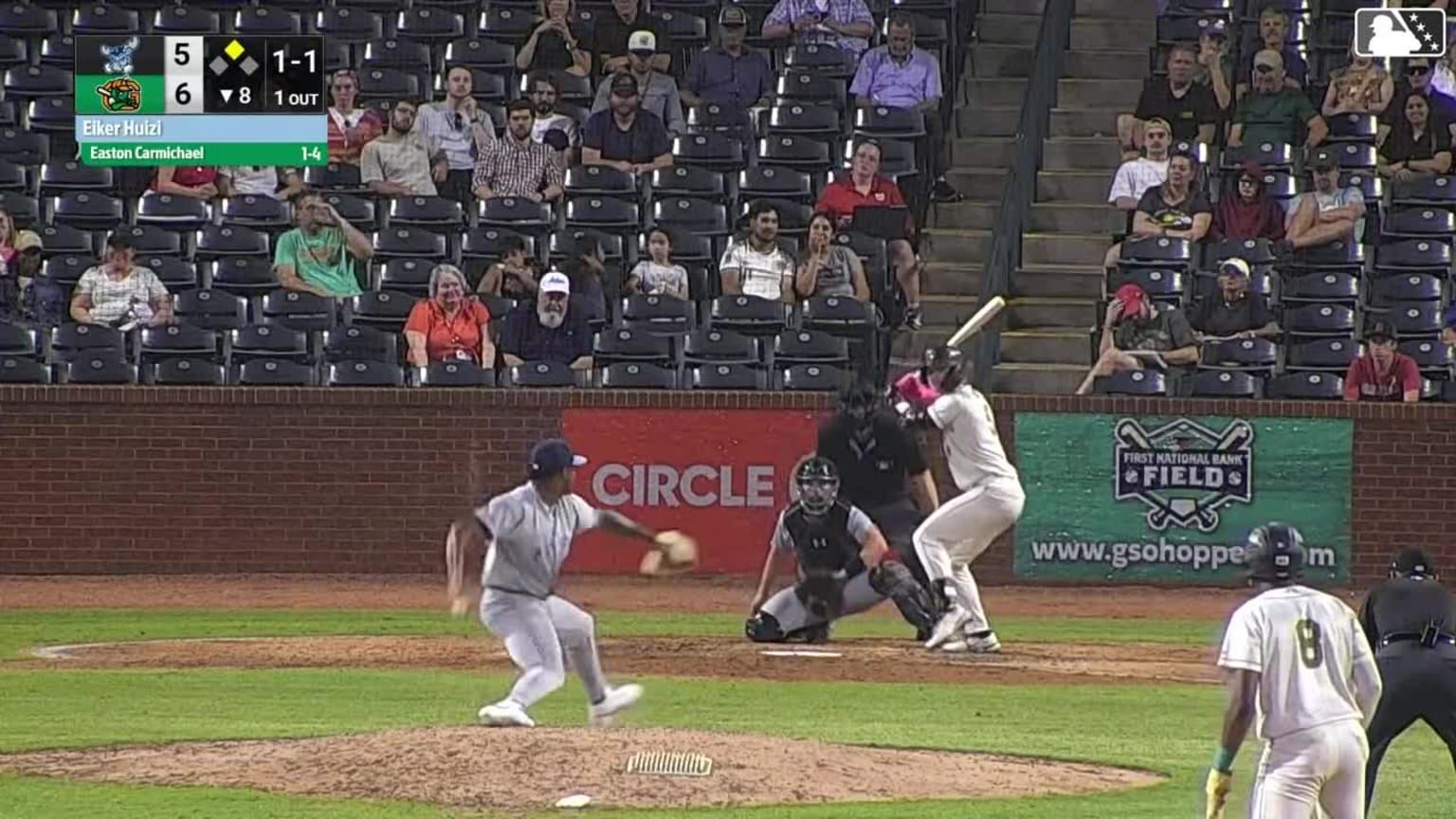 Easton Carmichael singles on a line drive to right fielder Elijah Green ...
