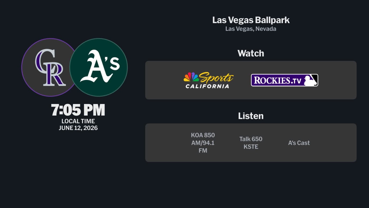 Rockies at Athletics - June 12, 2026: Tune In | 06/10/2026 | MLB.com