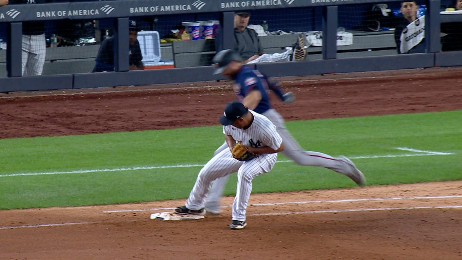 Jake Cave reaching first stands after Yanks challenge | 09/08/2022 ...