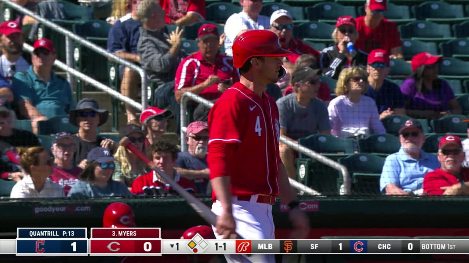 Wil Myers hits a sacrifice fly to right field | 02/25/2023 | Cincinnati ...