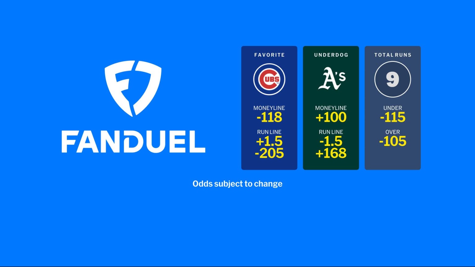 Athletics at Cubs - June 3, 2026: FanDuel Odds | 06/02/2026 | MLB.com