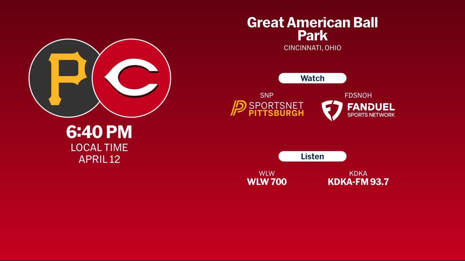 Pirates at Reds - April 12, 2025: Tune In | 04/11/2025 | MLB.com