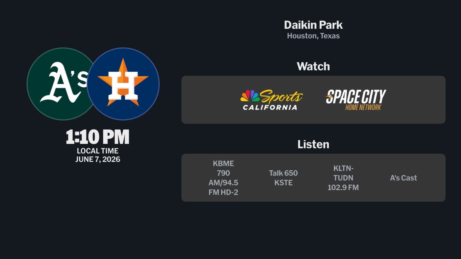 Athletics at Astros - June 7, 2026: Tune In | 06/06/2026 | MLB.com