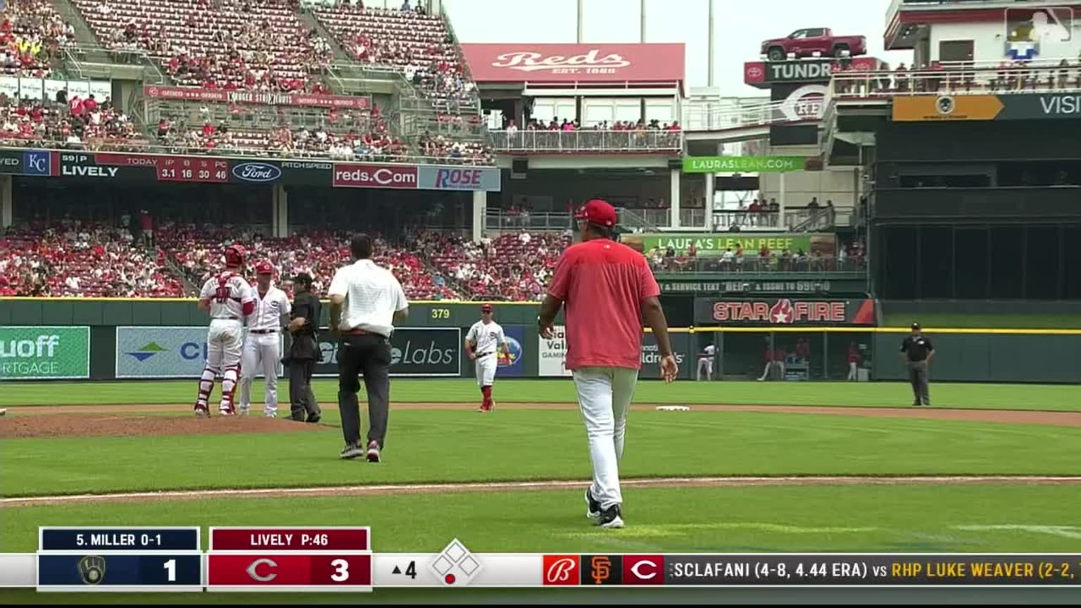 Lively is checked on by trainers in the 4th inning | 07/16/2023 ...