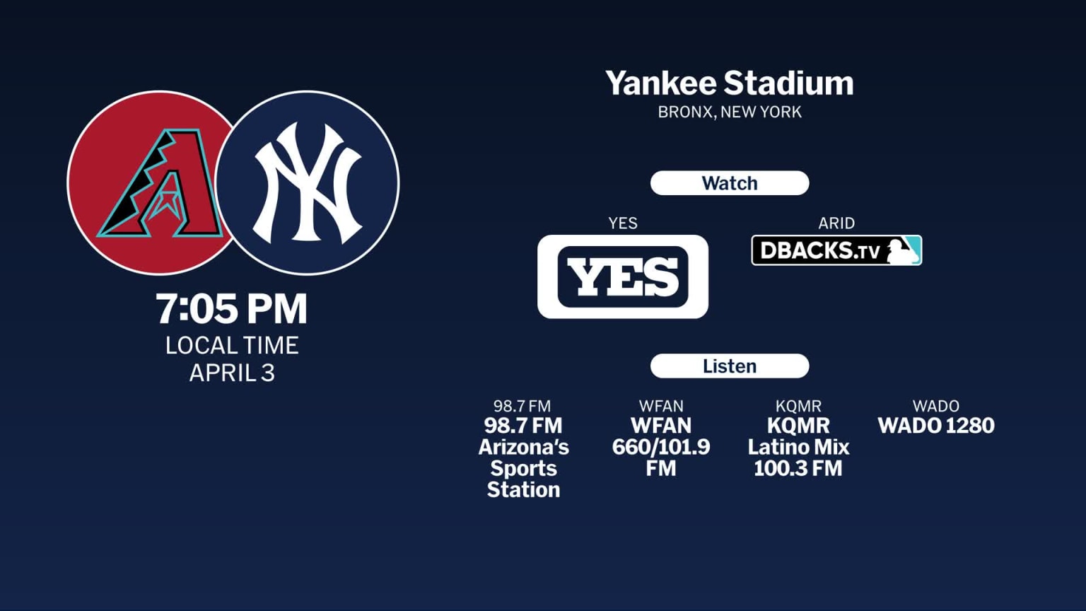 Diamondbacks at Yankees - April 3, 2025: Tune In | 04/02/2025 | MLB.com