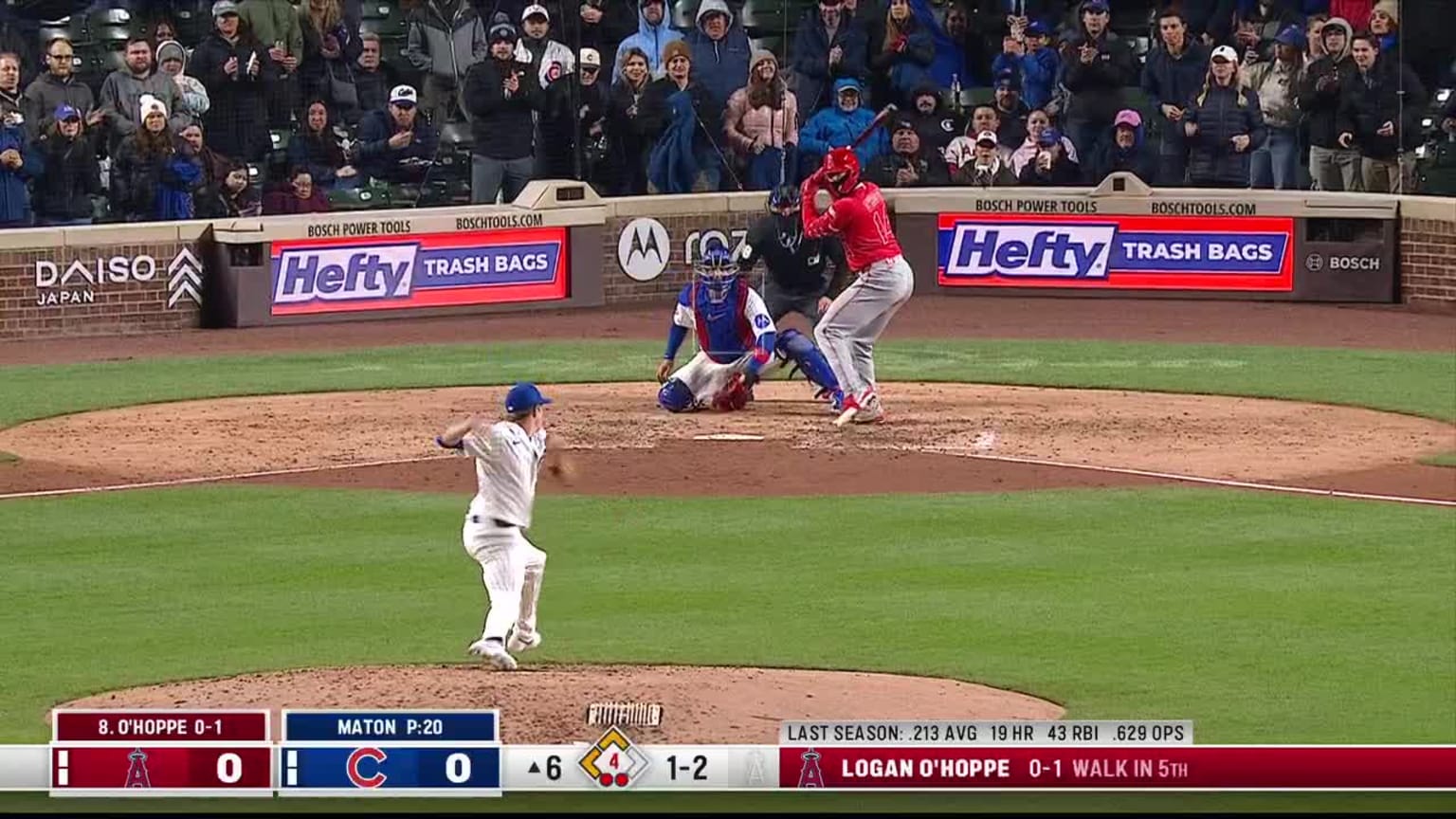 Logan O'Hoppe singles on a ground ball to left fielder Ian Happ. Jorge ...