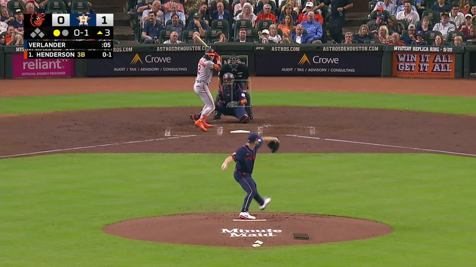 Gunnar Henderson triples (9) on a sharp line drive to right fielder ...