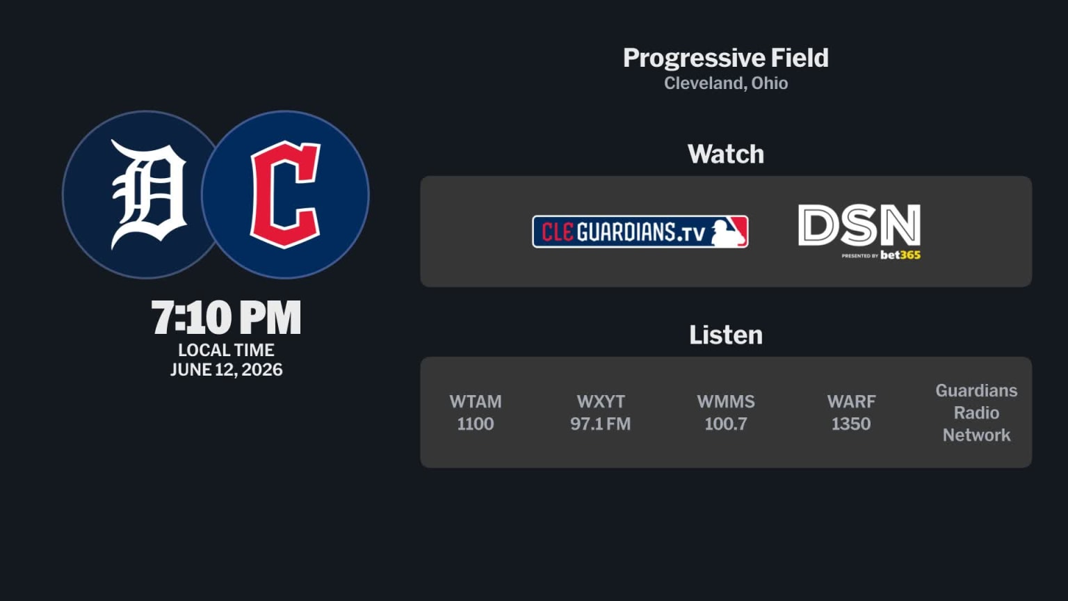 Tigers at Guardians - June 12, 2026: Tune In | 06/10/2026 | MLB.com