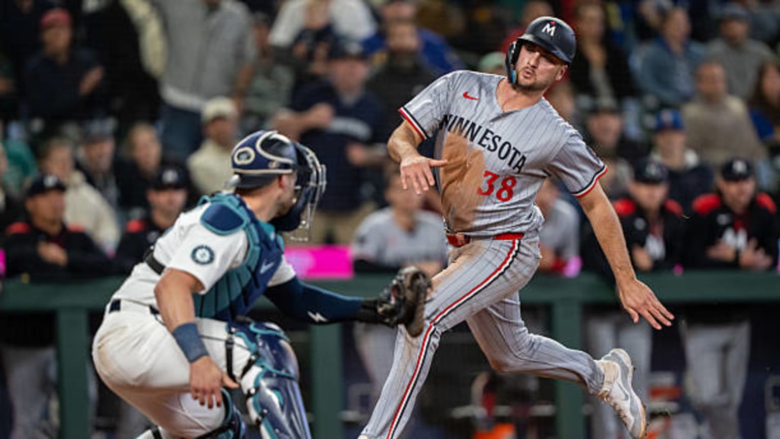 Julio Rodríguez nabs Matt Wallner at the plate | 05/31/2025 | Seattle ...
