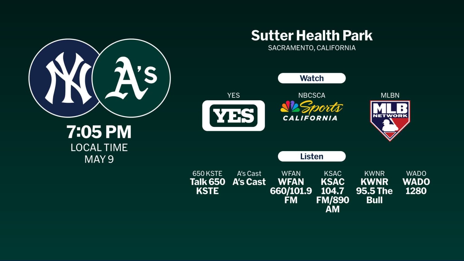 Yankees at Athletics - May 9, 2025: Tune In | 05/07/2025 | MLB.com