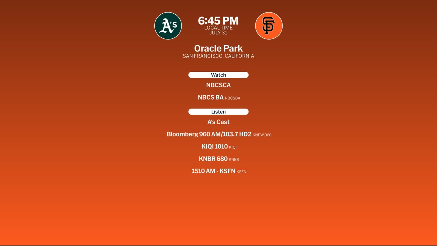 Athletics at Giants - July 31, 2024: Tune In | 07/30/2024 | MLB.com