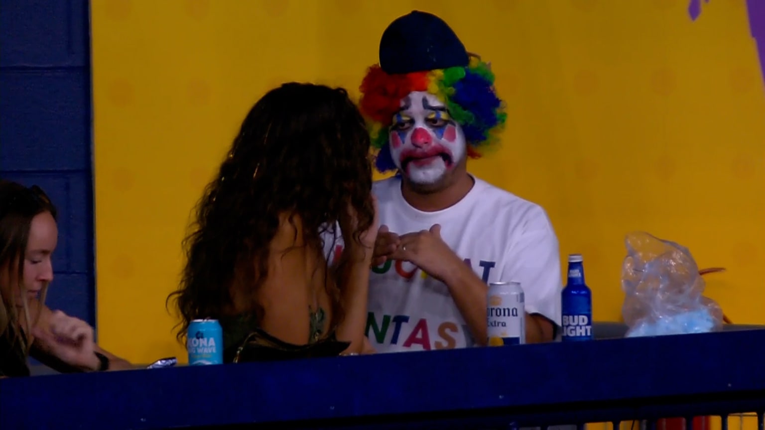 Fan dressed as sad clown shown in stands | 08/12/2024 | Tampa Bay Rays