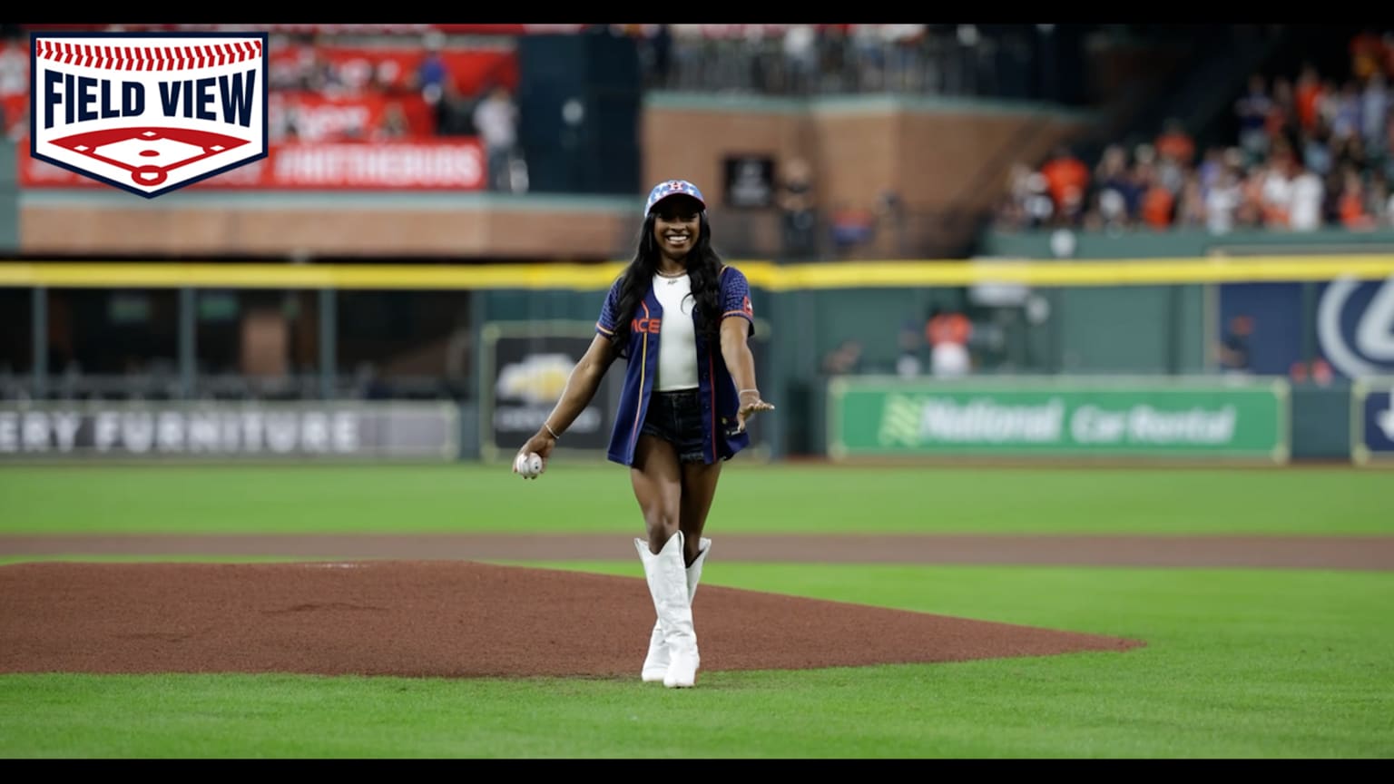 Field view of Simone Biles' first pitch | 08/30/2024 | Houston Astros