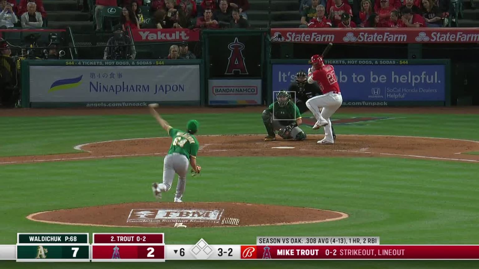 Mike Trout singles on a soft ground ball to pitcher Ken Waldichuk. | 04 ...