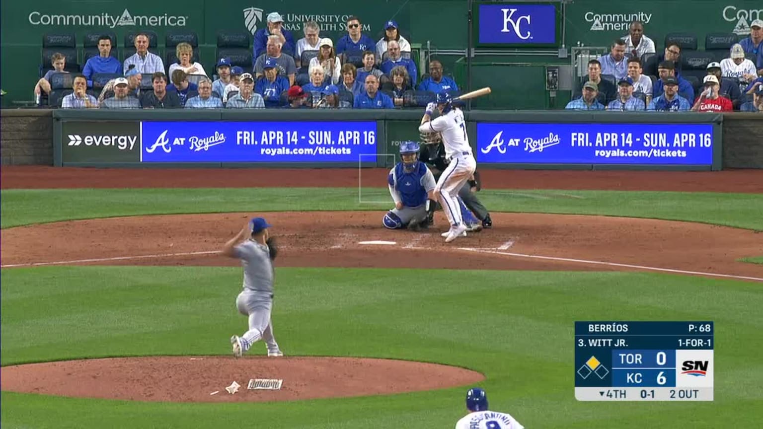 Bobby Witt Jr. singles on a ground ball to center fielder Kevin ...