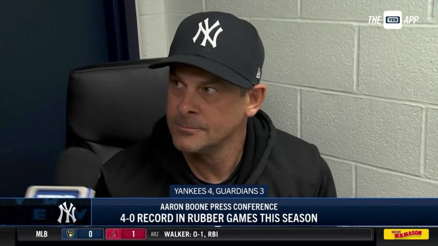 Aaron Boone discusses the umpire's call and the win | 04/12/2023 | MLB.com