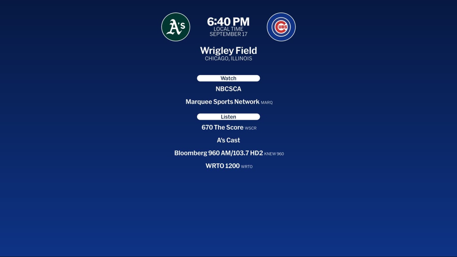 Athletics at Cubs - September 17, 2024: Tune In | 09/16/2024 | MLB.com