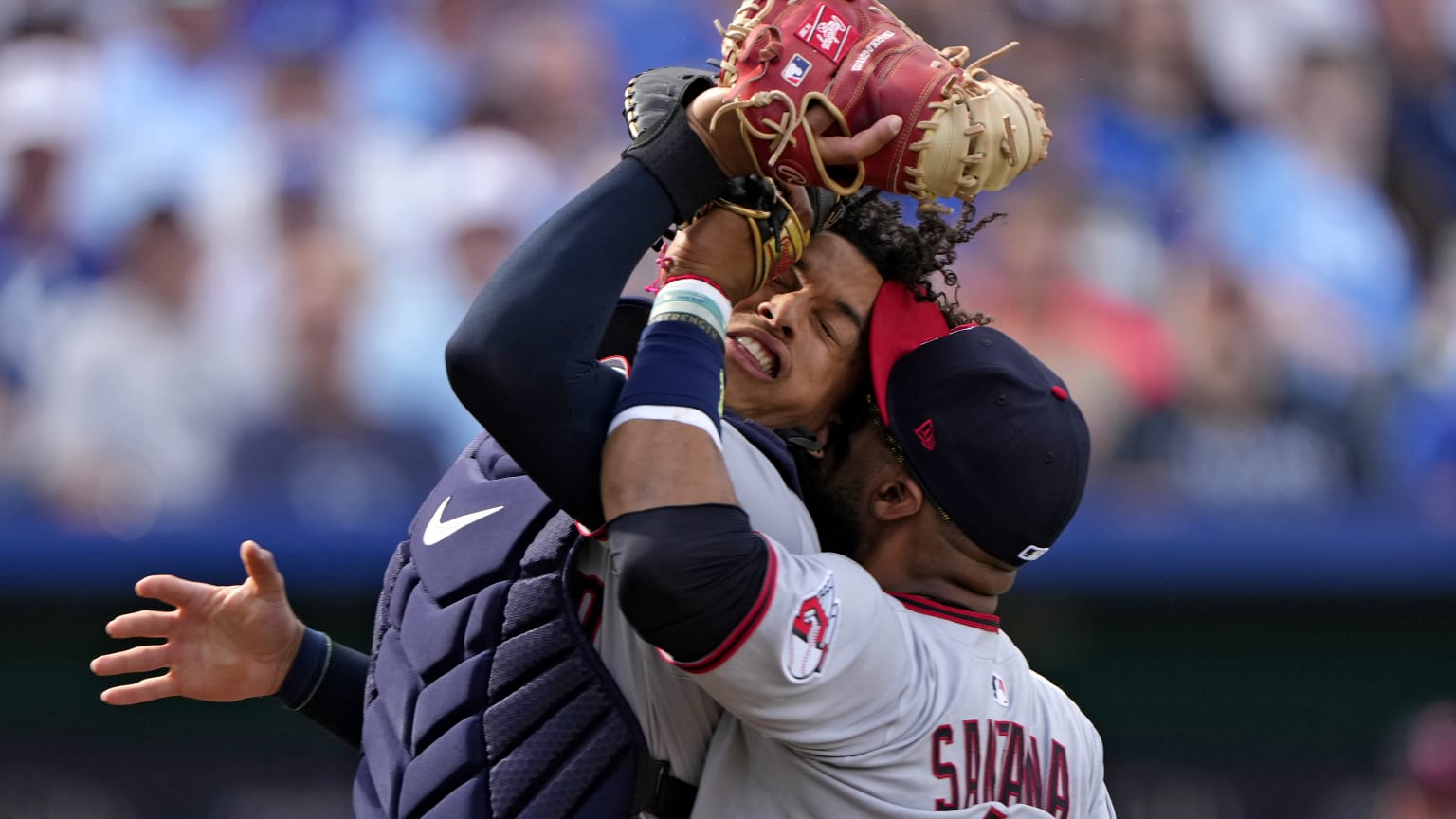 Carlos Santana and Bo Naylor collide on catch | 03/27/2025 | Cleveland ...