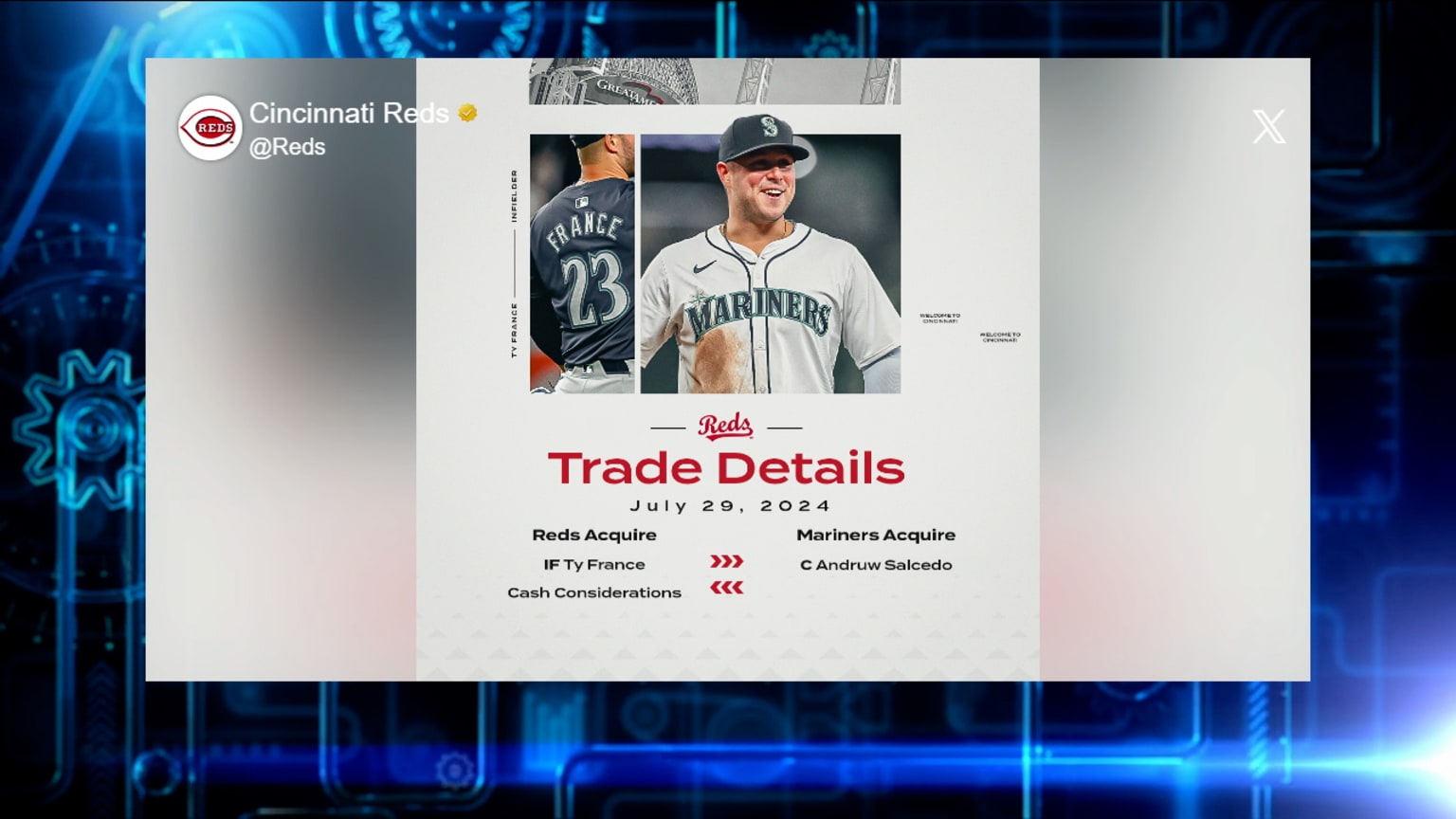 Ty France acquired by Reds from Mariners | 07/29/2024 | MLB.com