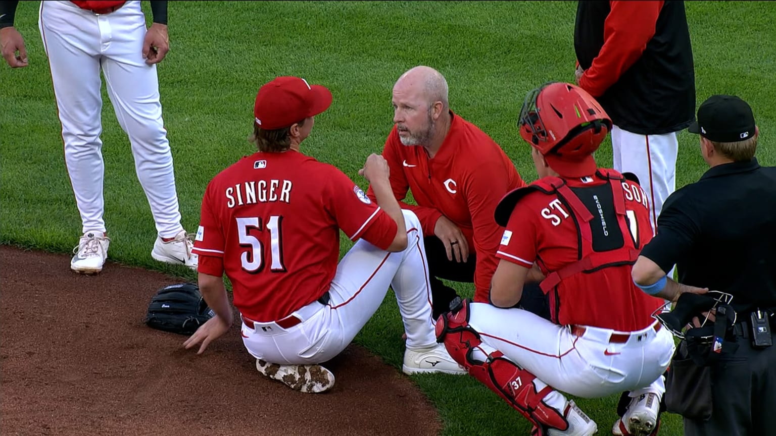 Brady Singer hit by comebacker, stays in game | 05/12/2026 | Cincinnati ...